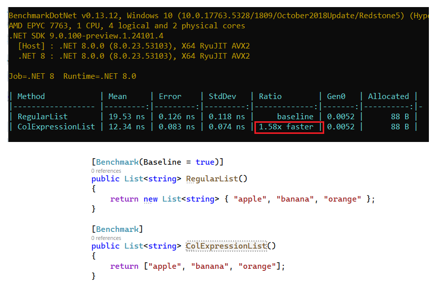 Creating lists with regular v collection expression approach in .NET 8